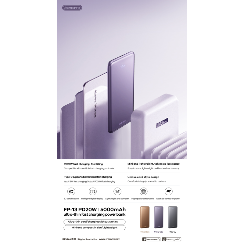 PD20W 5000mAh REMAX Ultra-thin Fast Charging Power Bank - Gold ...