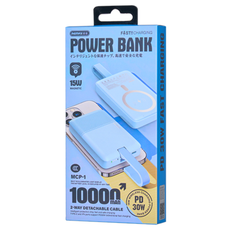 REMAX MCP-1 10000mAh Magnetic Power Bank 30W PD Fast Charge 3 Ports Blue